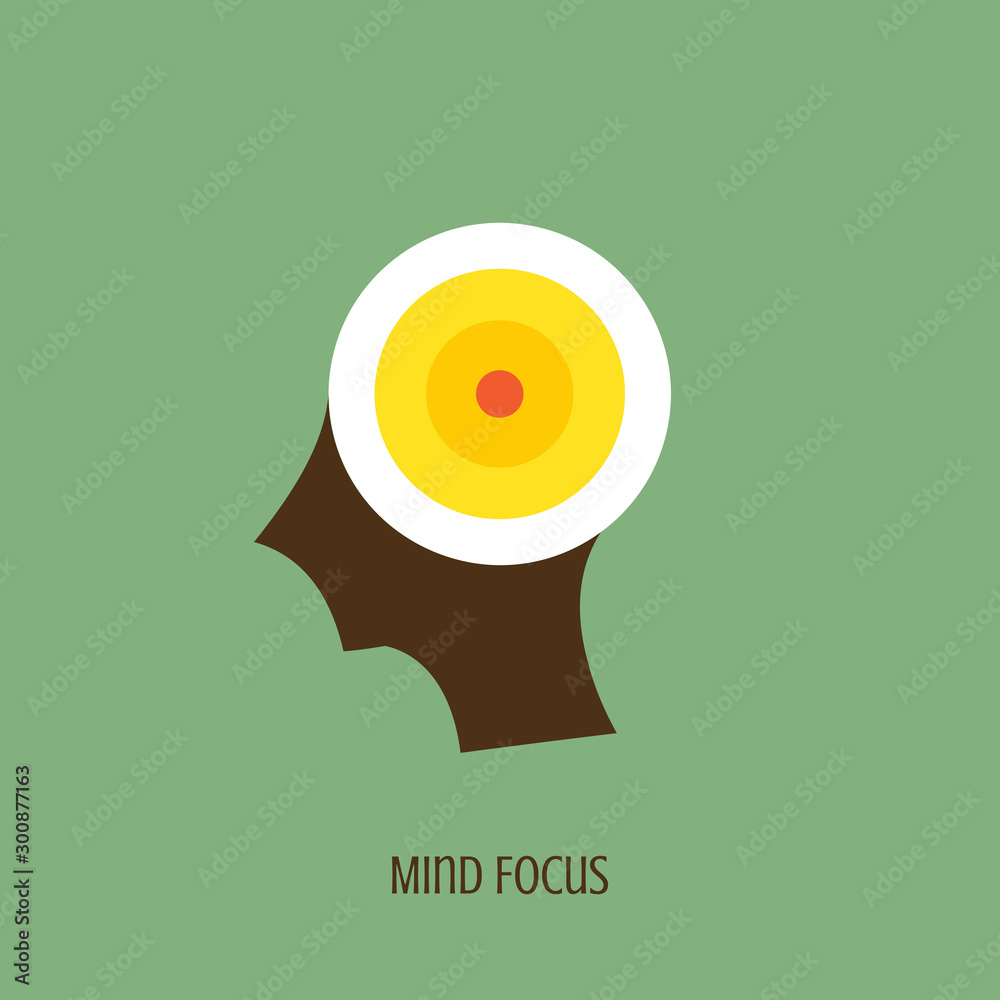 Mind focus icon concept with red point in the drawing of human brain ...