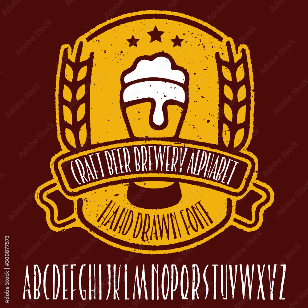 " beer " typeface. Vector hand crafted font in medieval style with hops ...