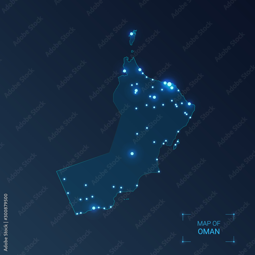 Oman map with cities. Luminous dots - neon lights on dark background ...