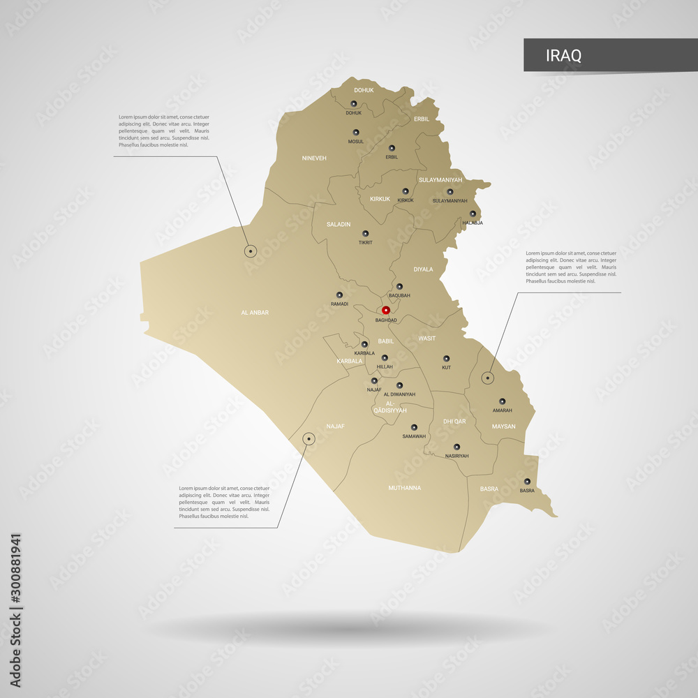 Stylized vector Iraq map. Infographic 3d gold map illustration with ...