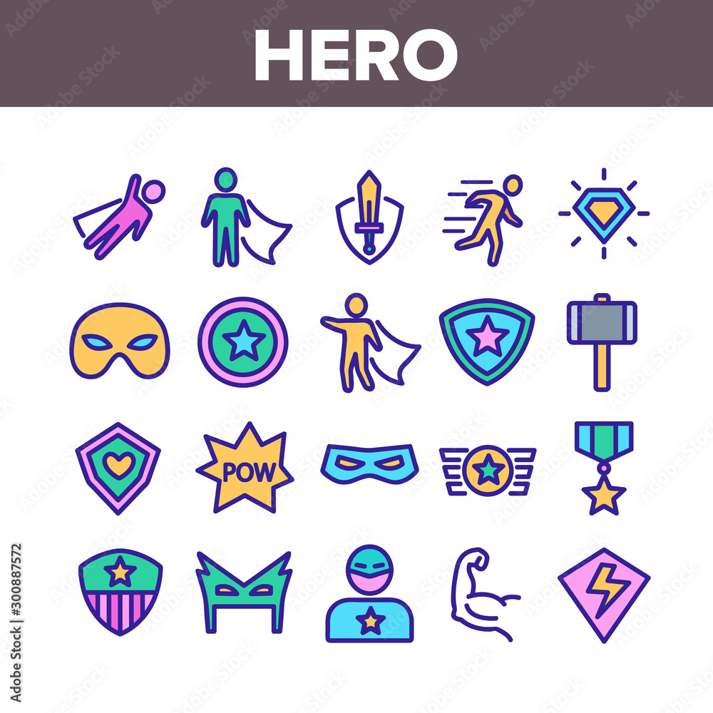 Super Hero Collection Elements Icons Set Vector Thin Line. Hero ...