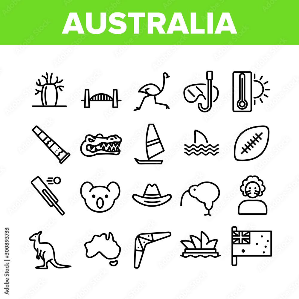 Australia Country Nation Cultural Icons Set Vector Thin Line. Crocodile ...