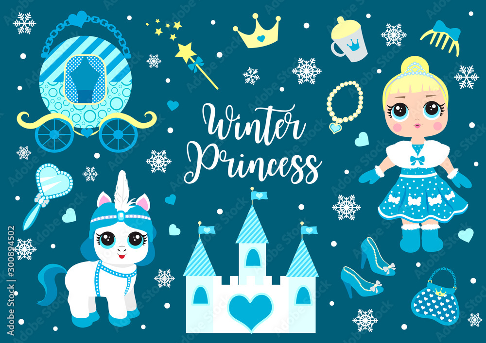 Cute little winter princess and her pet pony collection. Set of vector ...