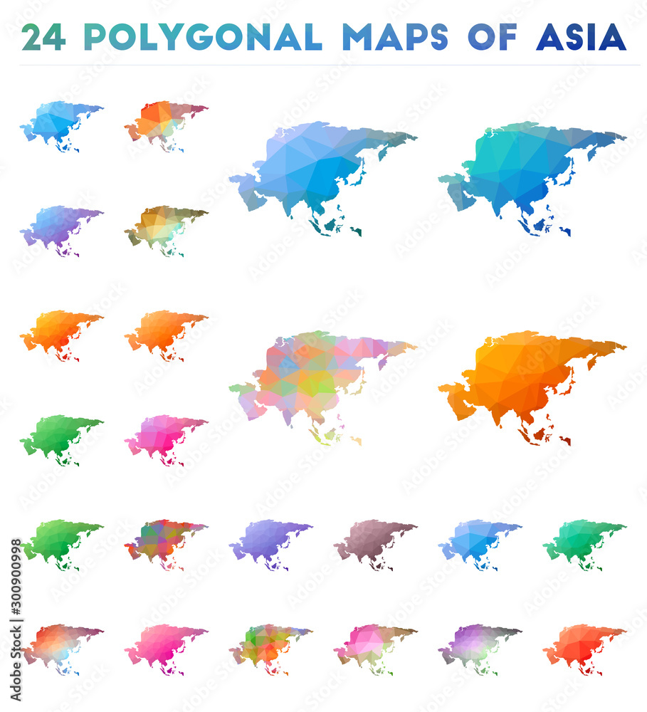 Set of vector polygonal maps of Asia. Bright gradient map of continent ...