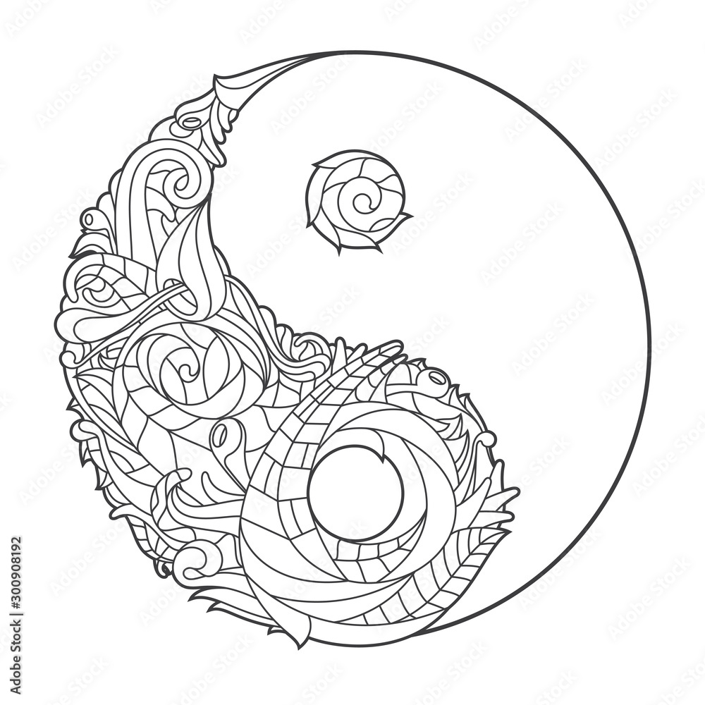 Vector black outline floral sign Ying a Yang. Isolated on white ...
