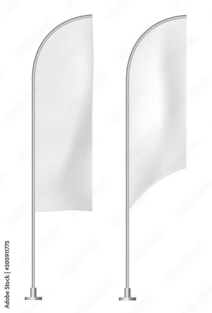 Two white vertical promo flags. 3d vector realistic. Mockup advertising ...
