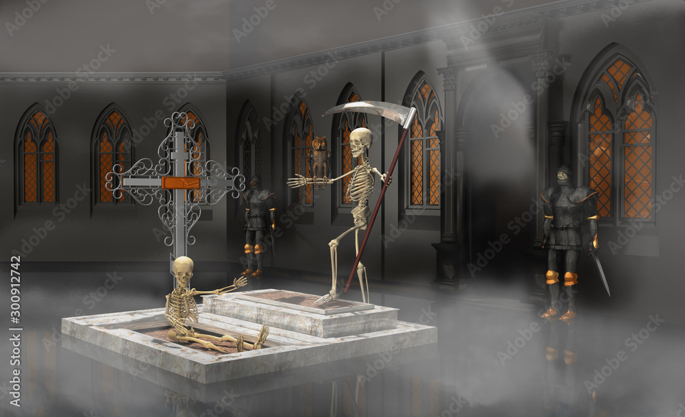 Skelett mit Sense und Skelett im Sitzen in der Gruft mit ...