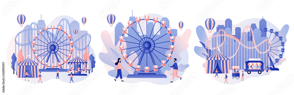 Amusement park concept. Tiny people with carousels, roller coaster, air ...
