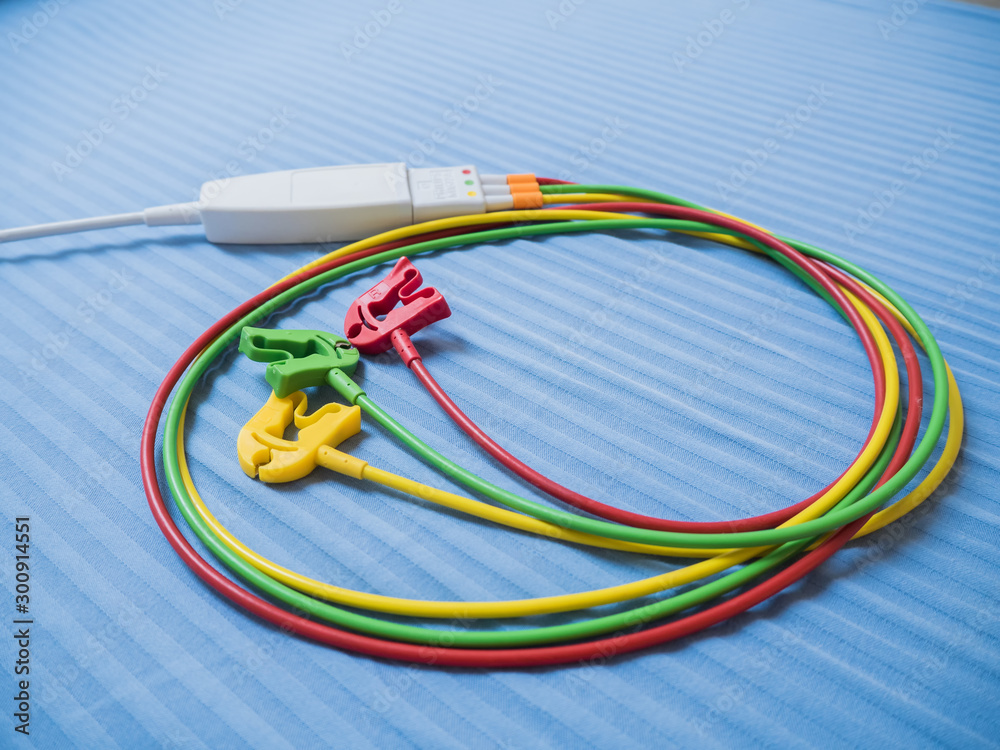 ECG monitor cable leads on patient bed, accessory for Echocardiography ...
