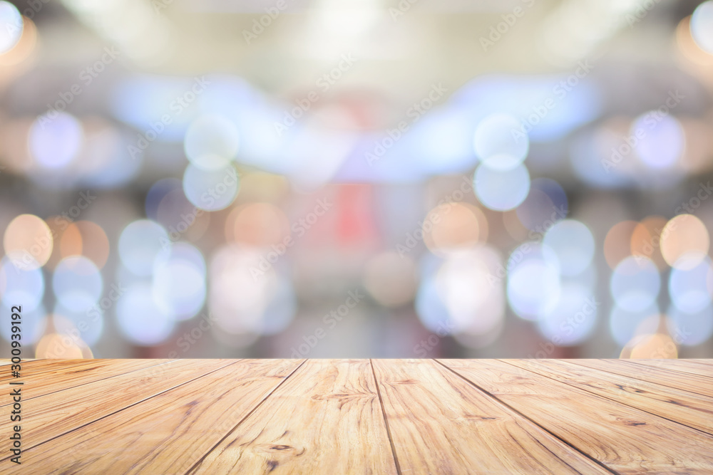 Wood Table Top Counter on bright bokeh interior background with white ...
