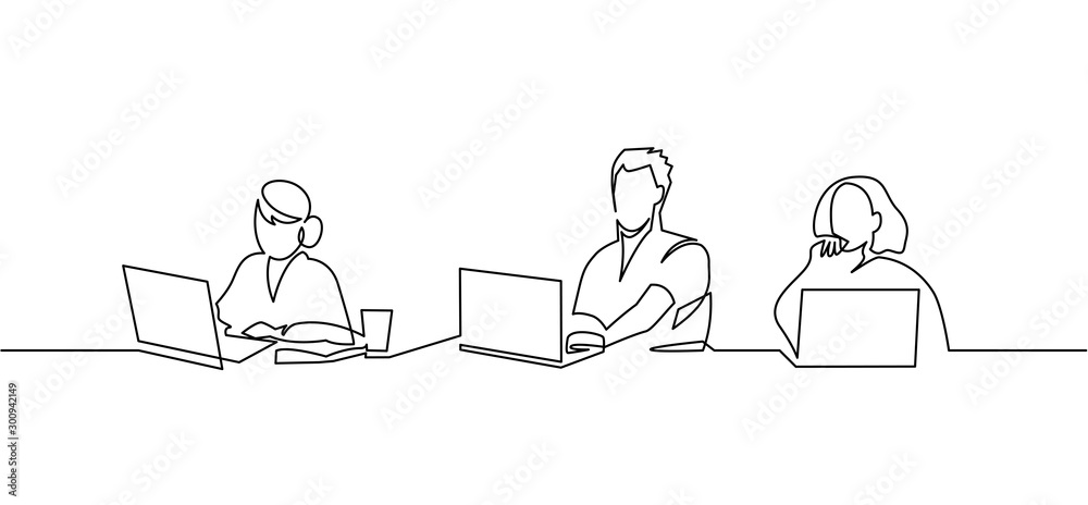 Group of people working continuous one line vector drawing. Students ...