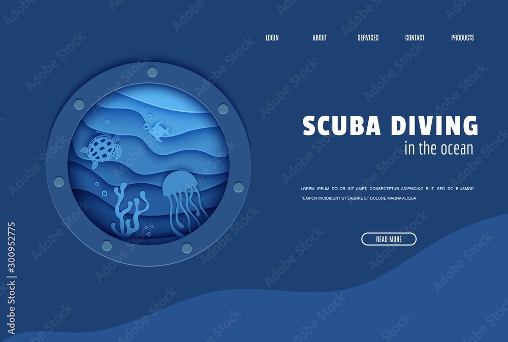 Web page design template in paper cut style underwater ocean underwater ...