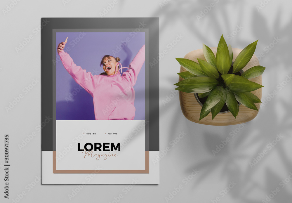 Magazine Layout with Dark Pink Accents Stock Template | Adobe Stock