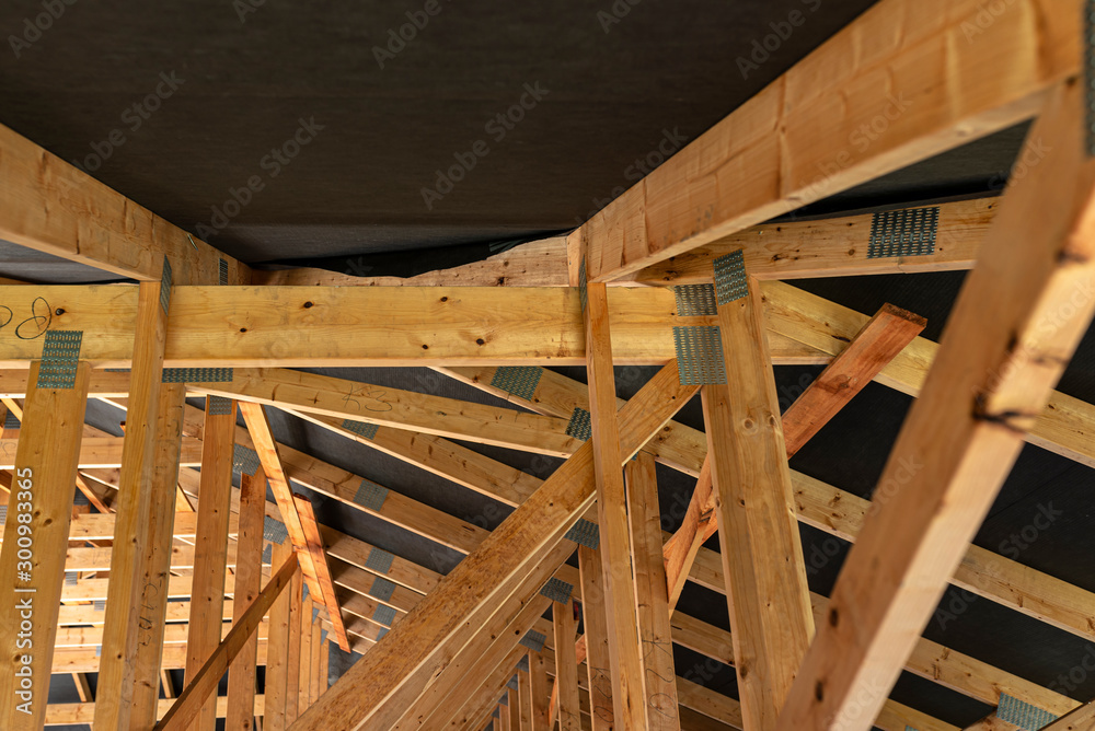 Roof trusses covered with a membrane on a detached house under ...