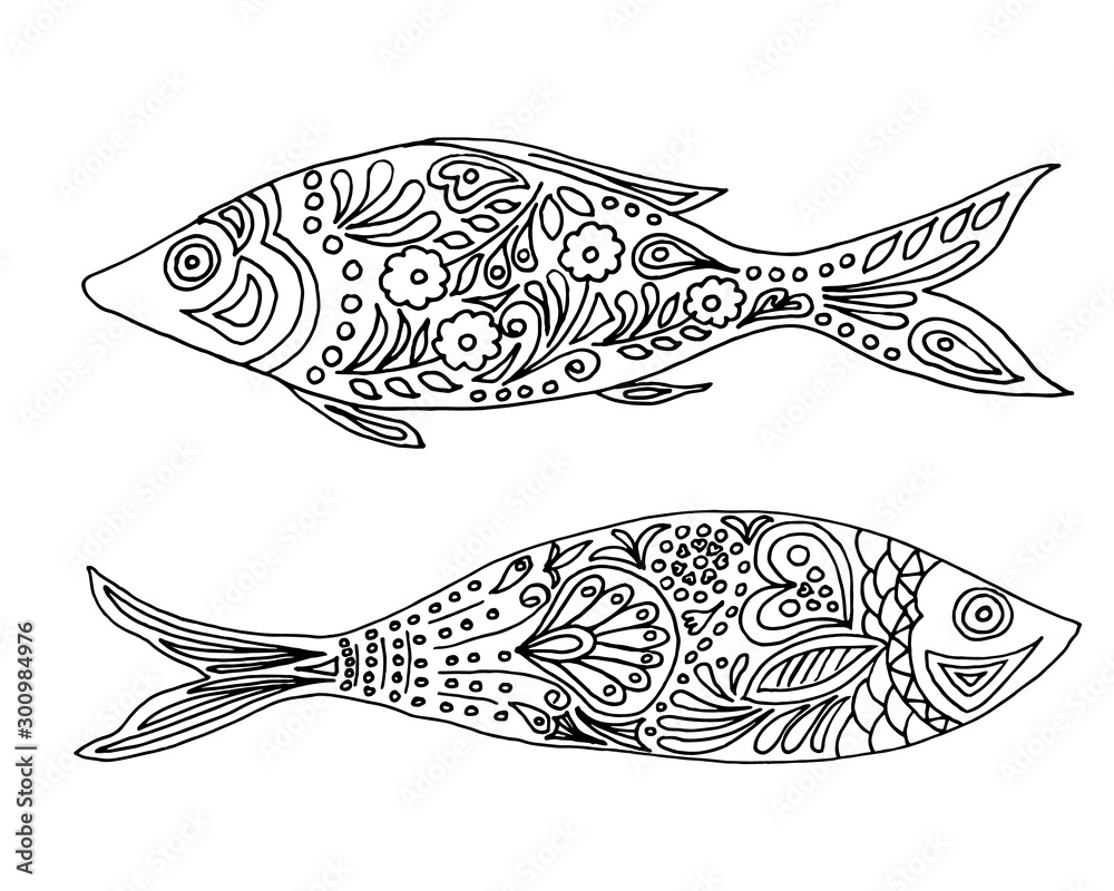 Coloring Page. Coloring Book. Colouring picture with fish drawn in ...