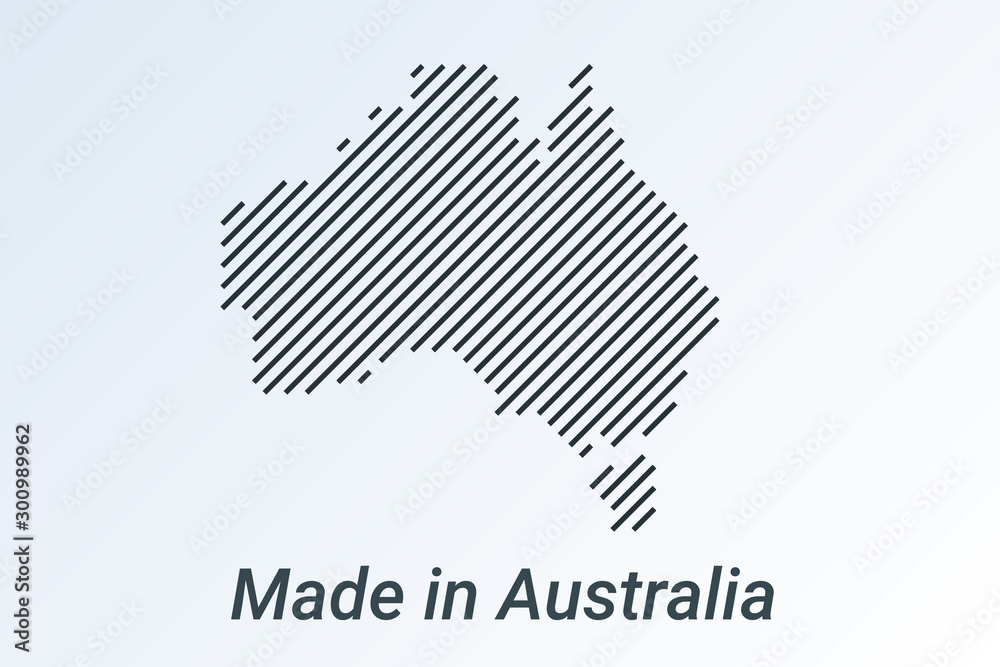 Made in Australia, striped map in a black strip on a silver background ...