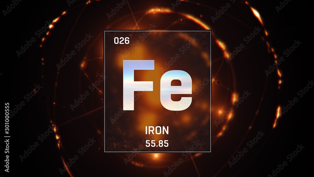 3D illustration of Iron as Element 26 of the Periodic Table. Orange ...