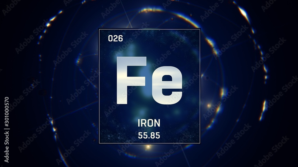 3D illustration of Iron as Element 26 of the Periodic Table. Blue ...