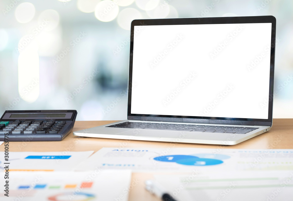 mockup laptop computer screen with business chart market,caculator on ...