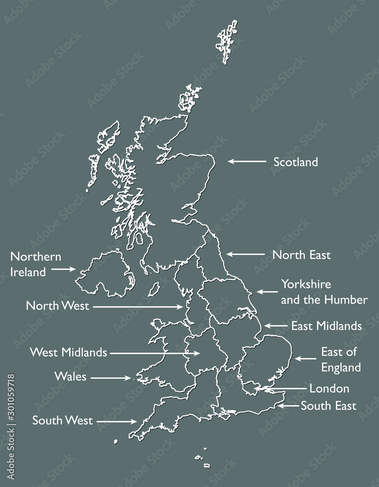 United Kingdom or UK map outline vector with region names on black ...
