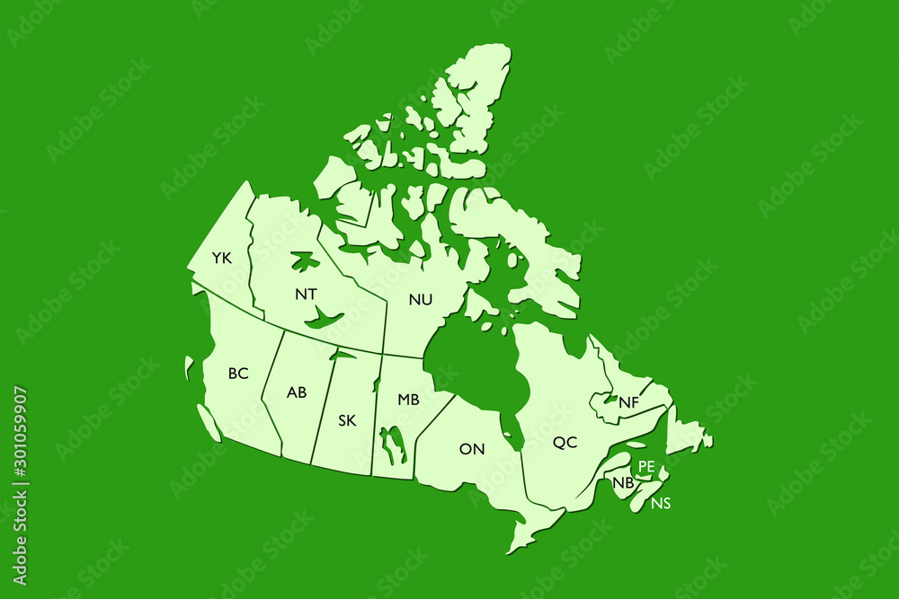 Canada map land area vector with state names on green background ...