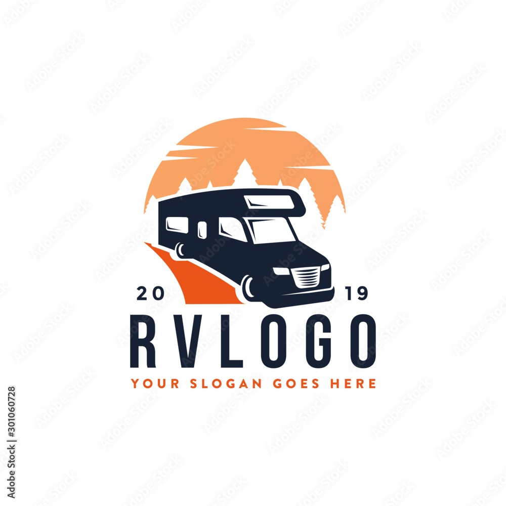 Vintage retro RV camper van logo icon illustration template on white ...