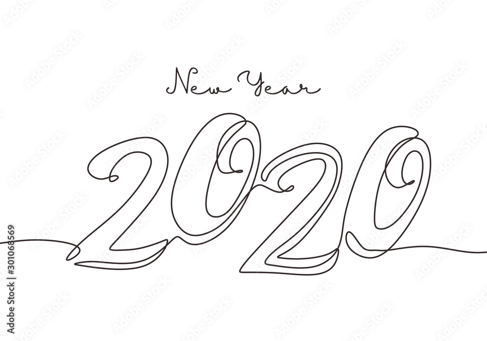 2020 New Year single continuous one line drawing art. Holiday greeting ...