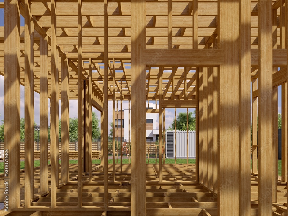 3d image of a frame building under construction. Detailed concept of ...