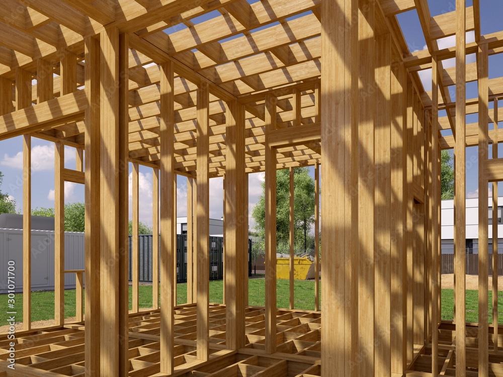 3d image of a frame building under construction. Detailed concept of ...