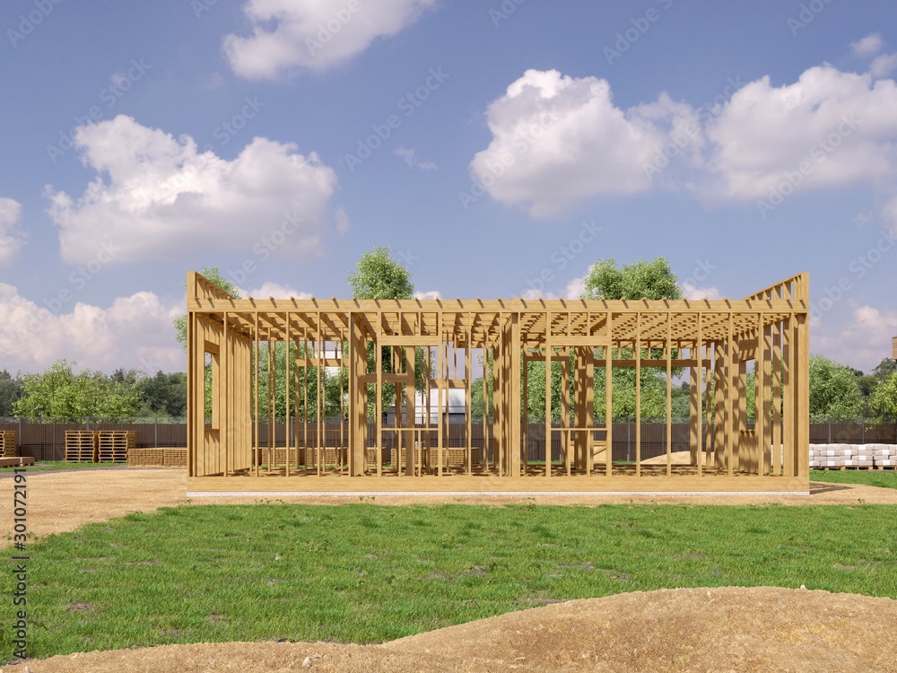3d image of a frame building under construction. Detailed concept of ...