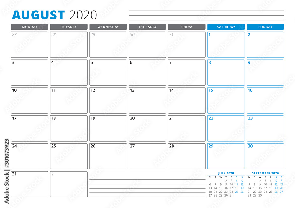 Calendar planner template for August 2020. Stationery Design. Week ...
