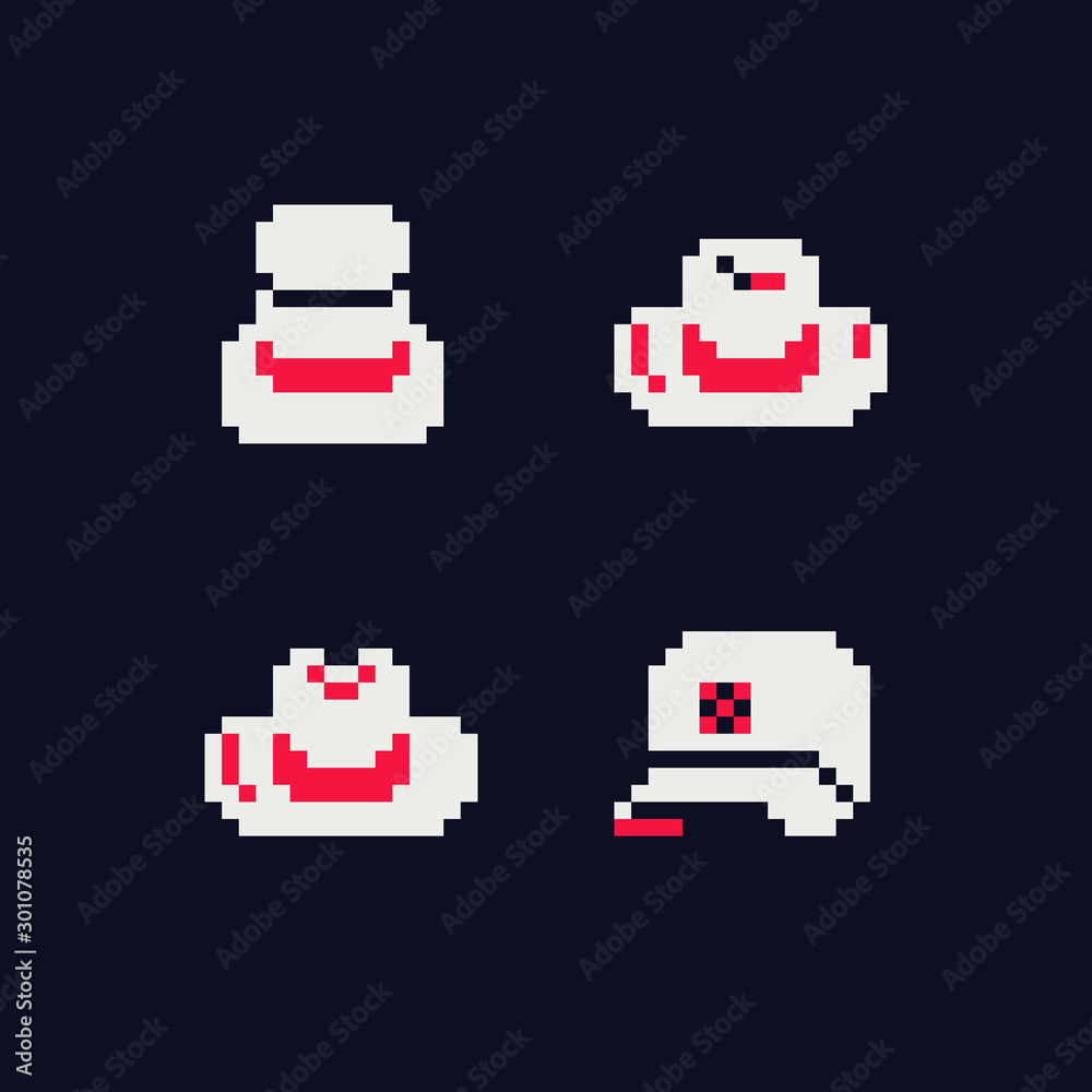 Headdress pixel art icons set, cap and bowler hat. Isolated vector ...