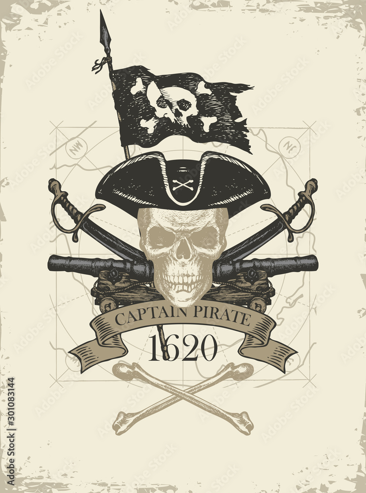 Vector banner with skull, crossed bones, pirate flag, sabers, ship guns ...