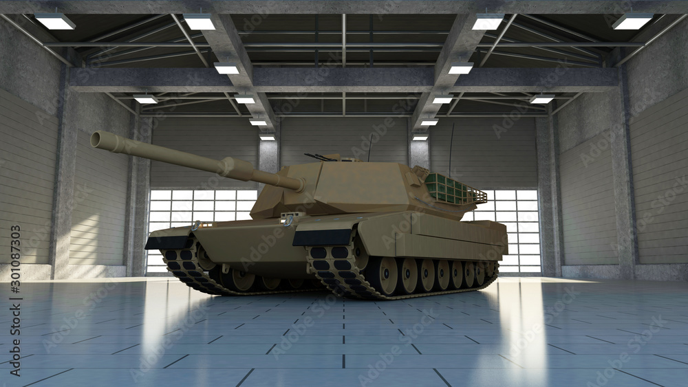 Heavy Military Tank in Modern Hangar with Big Windows. 3D Rendering ...
