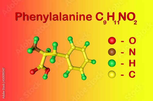 Structural chemical formula and molecular model of phenylalanine, an ...