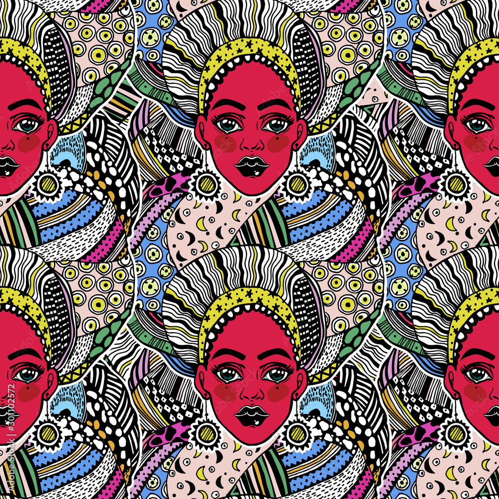 Seamless pattern with magic female spirit in traditional geometric ...