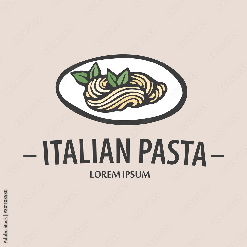 Pasta logo. Hand drawn vector illustration of plate with spaghetti ...