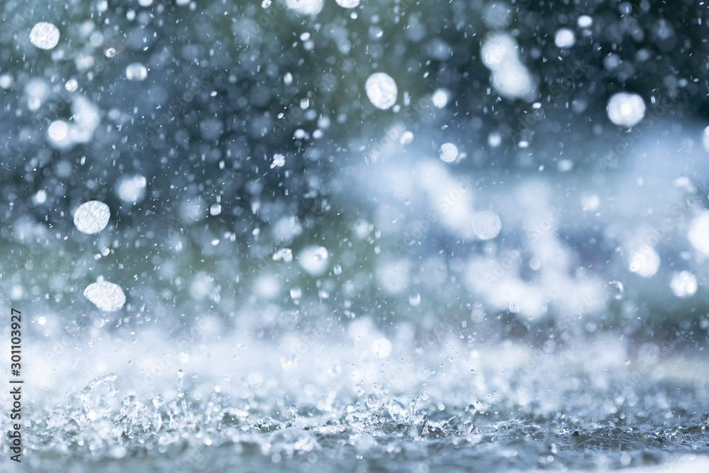 Poster blue color tone of close up rain water drop falling to the floor in rainy season – Wall ...