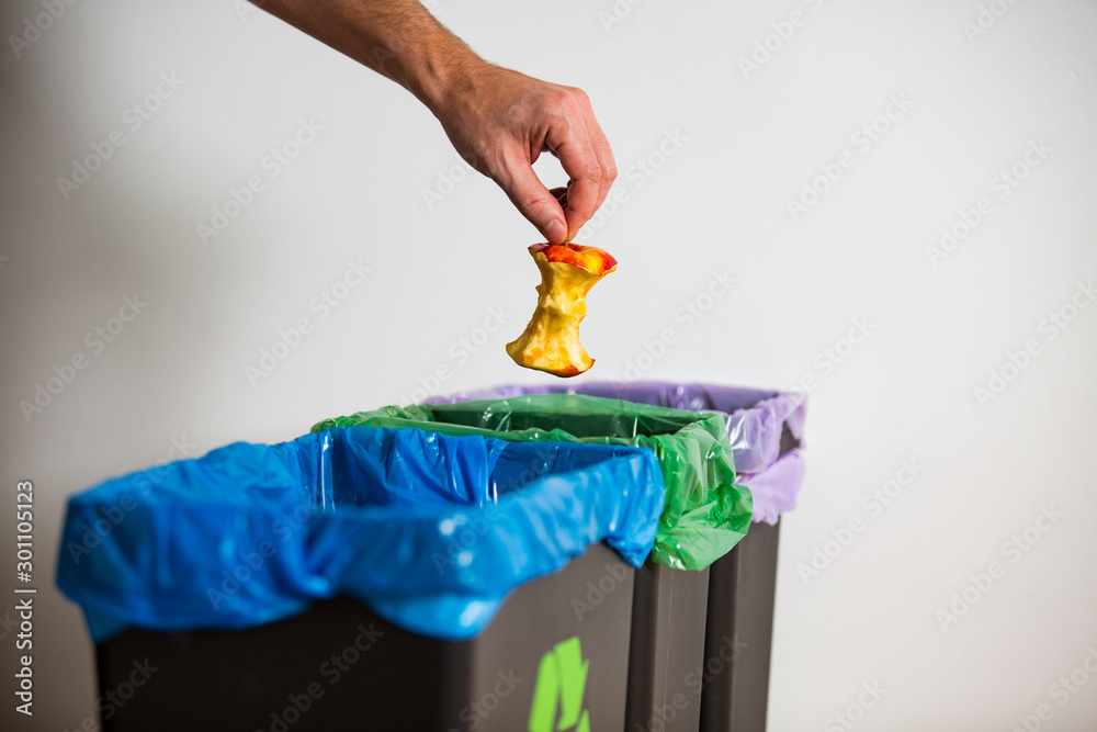 Hand putting apple stub in recycling bio bin. Person in a house kitchen ...