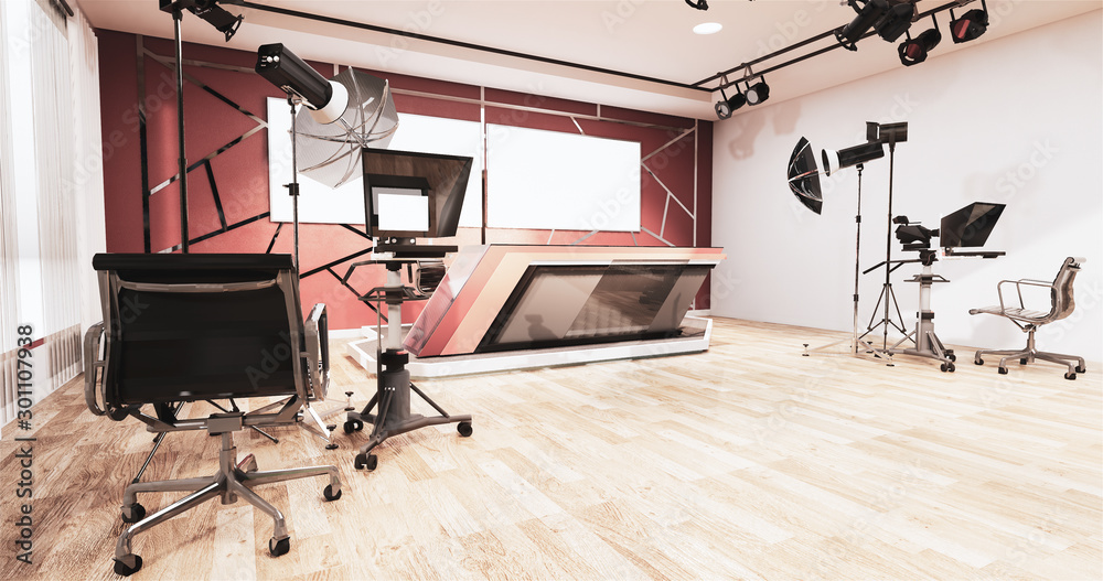 News studio room design aluminum trim gold on red wall, Backdrop for TV ...