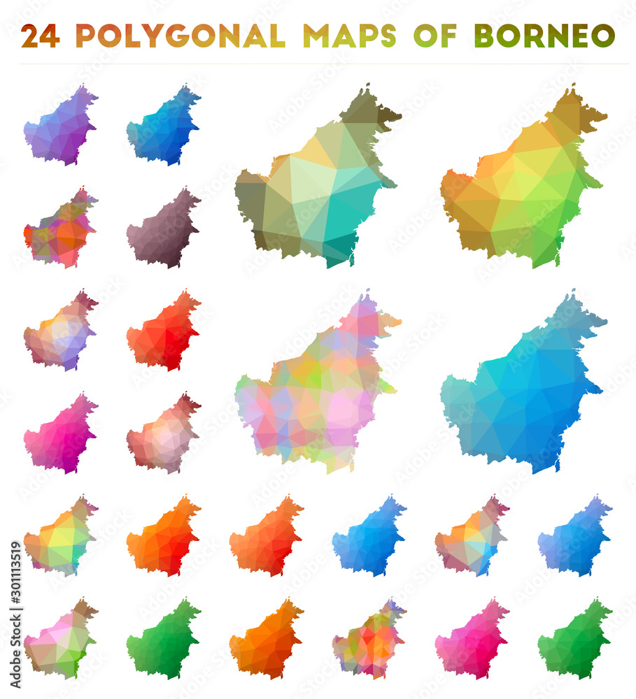 Set of vector polygonal maps of Borneo. Bright gradient map of island ...