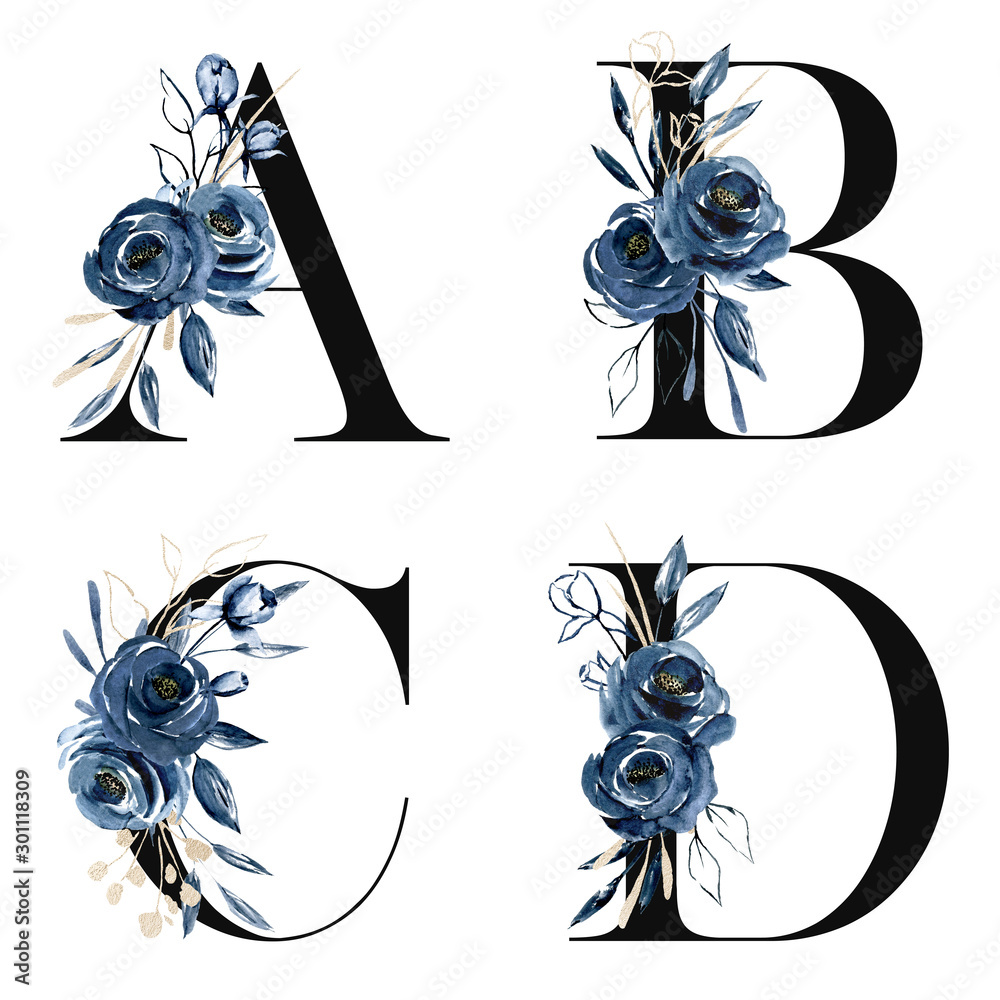 Floral alphabet, letters set with watercolor flowers and leaf. Navy ...
