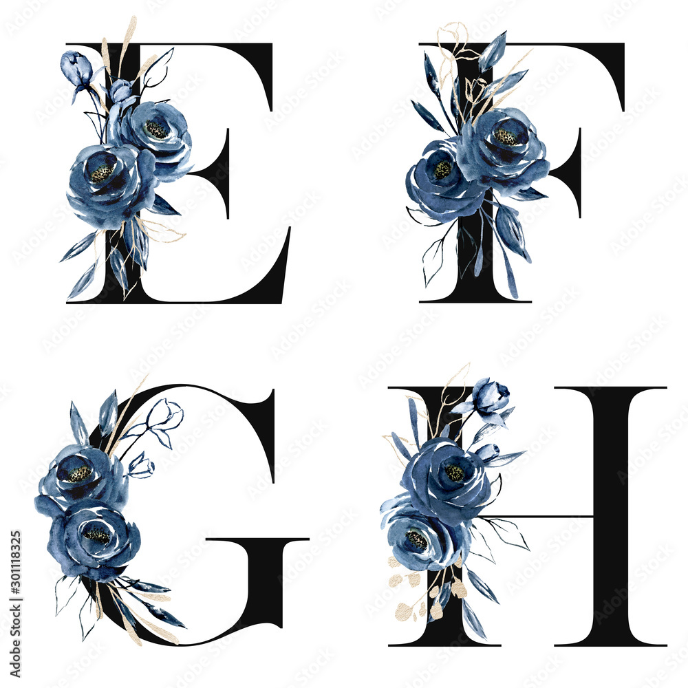 Floral alphabet, letters set with watercolor flowers and leaf. Navy ...