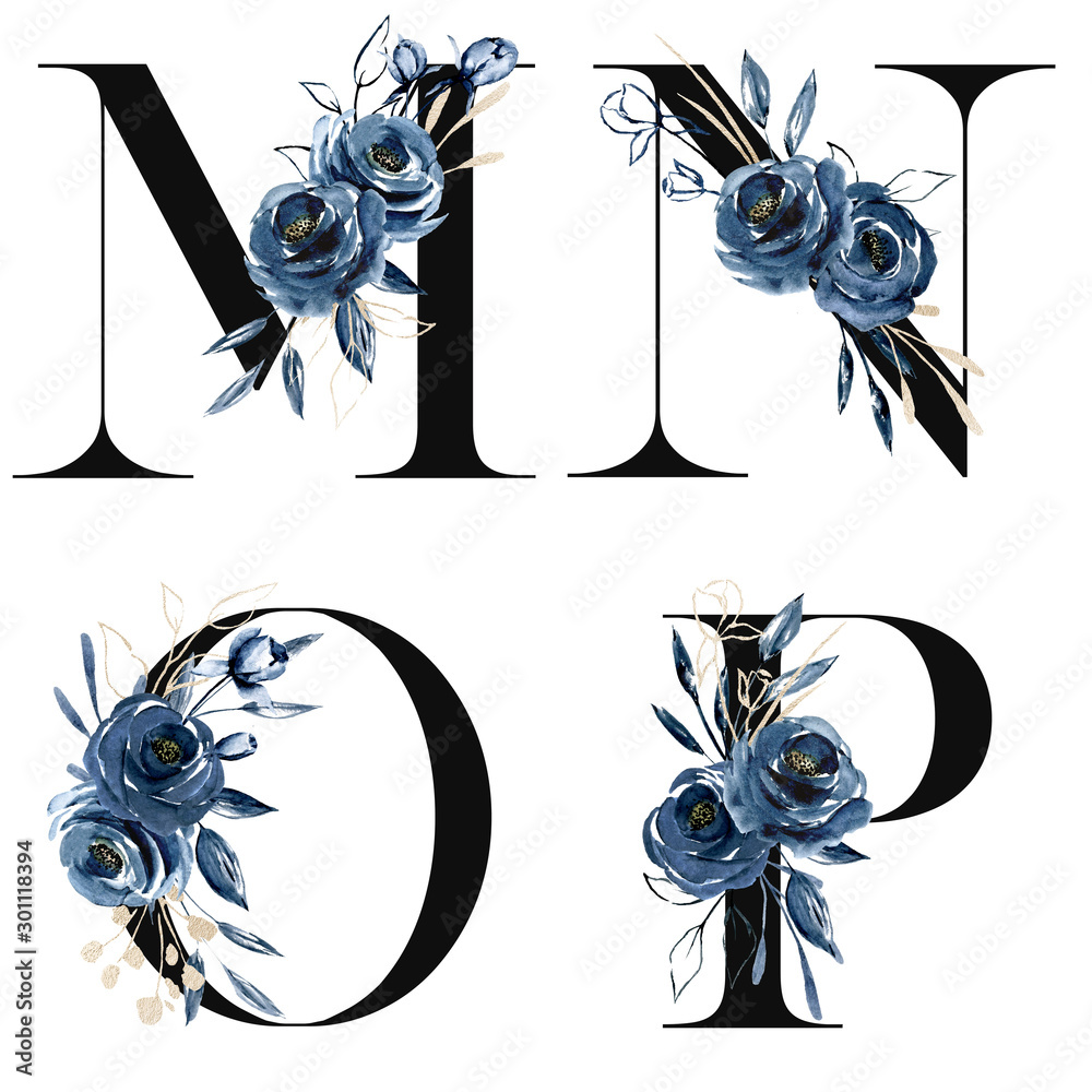 Floral alphabet, letters set with watercolor flowers and leaf. Navy ...