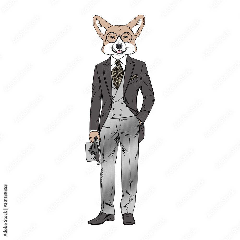 Humanized Welsh Corgi breed dog dressed up in vintage outfits. Design ...