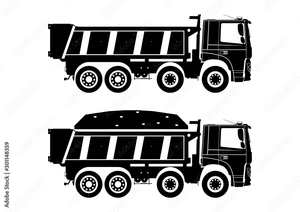 Tipper truck. Dumpers silhouettes on a white background with and ...