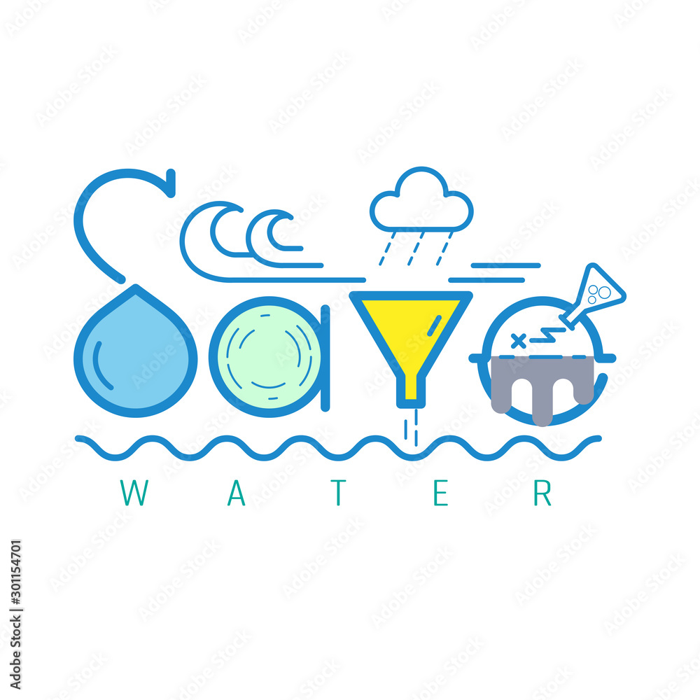 Save water typographic design. Vector illustration outline flat design ...