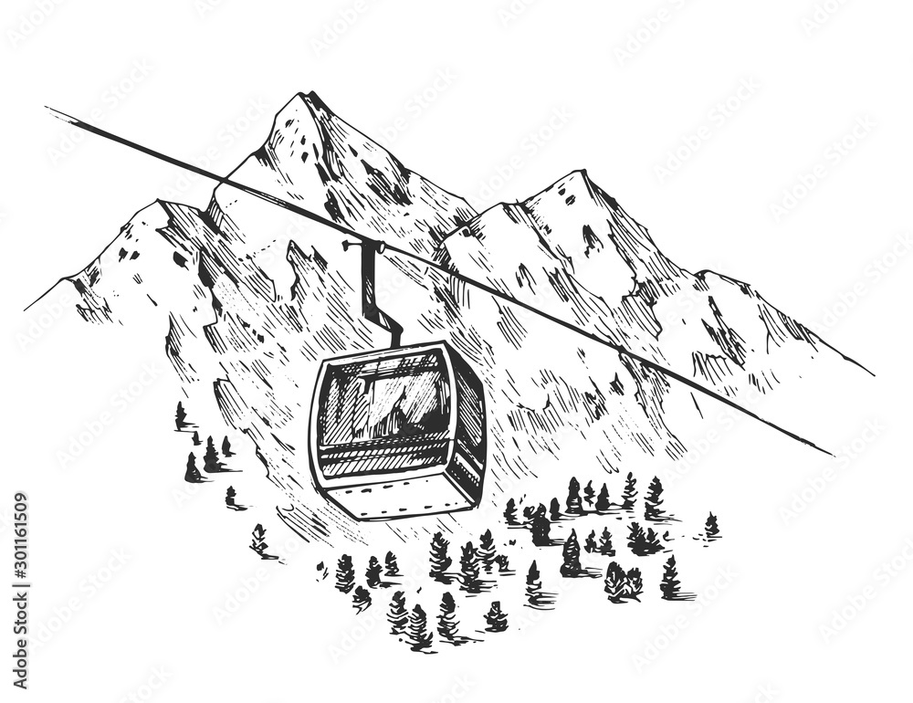 Sketch of ski resort. Hand drawn illustration converted to vector ...