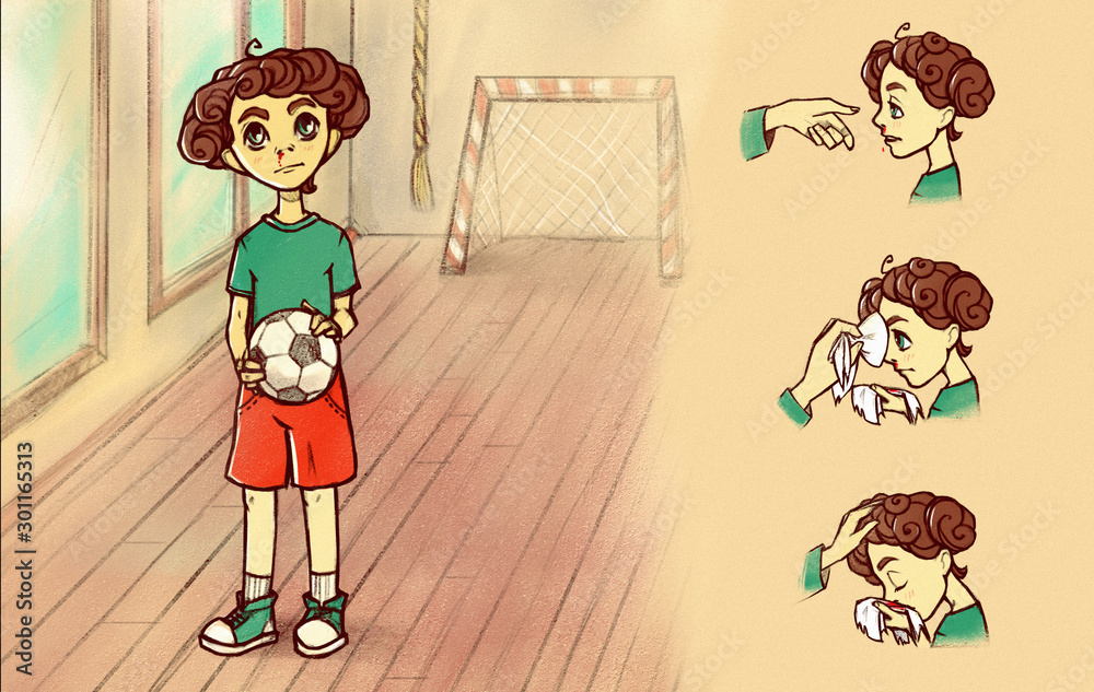 How To Stop a Nosebleed. Illustration with a cartoon boy with a ball ... How To Stop a Nosebleed. Illustration with a cartoon boy with a ball ...