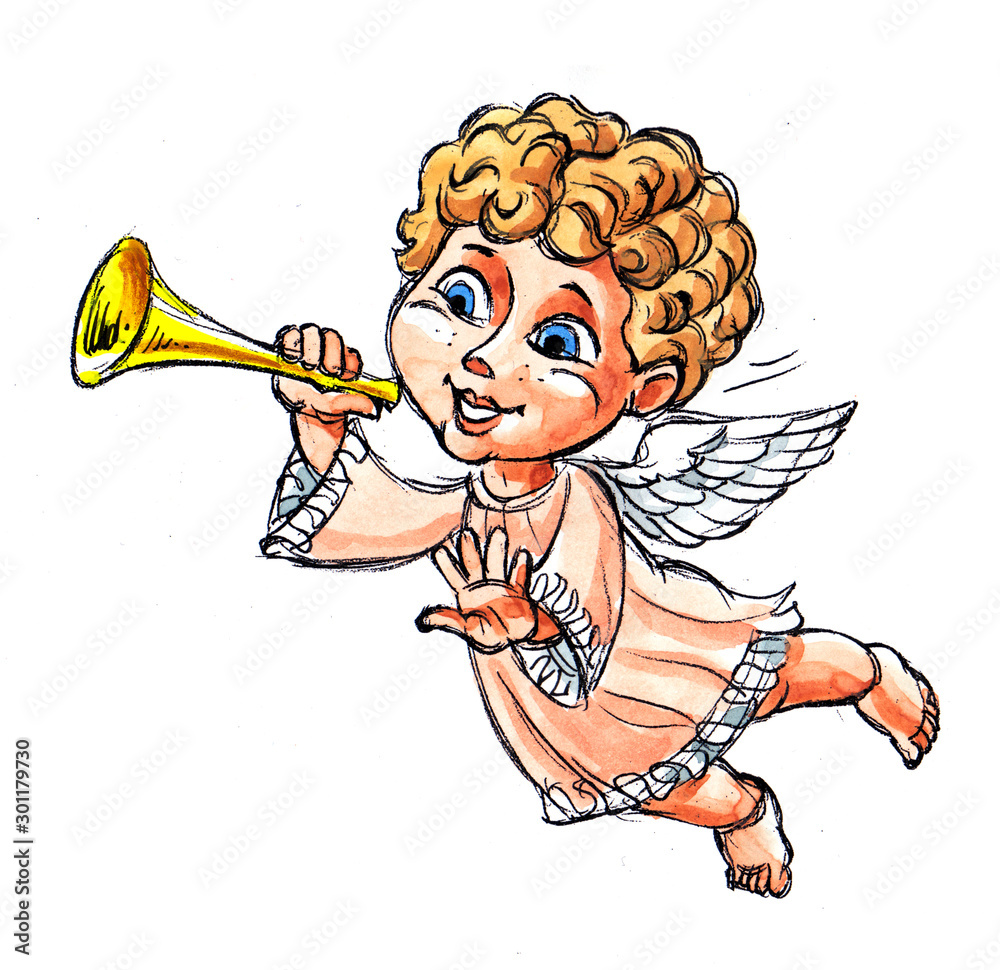 cute little angel boy with wings flying and blowing on a gold trumpet ...